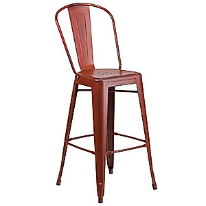 EMMA + OLIVER Commercial Grade 30" H Distressed Red Metal Indoor-Outdoor Barstool w/ Back