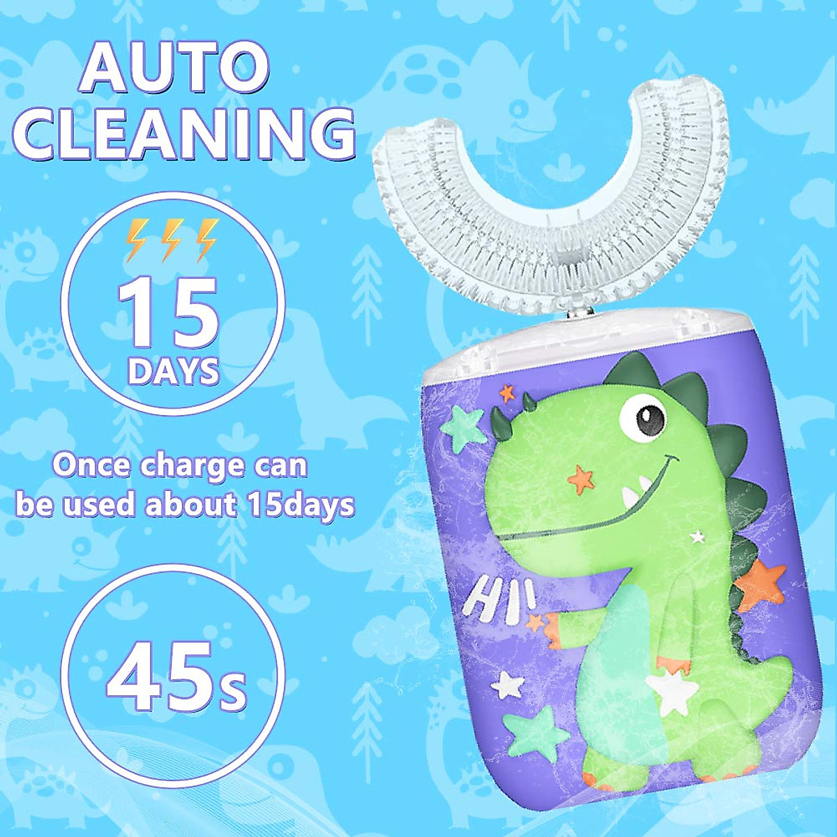 Kids Electric Toothbrushes Dinosaur U Shaped Rechargeable Ultrasonic Automatic Toothbrush for Toddler with Replacement Brush Heads 6 Cleaning Modes IPX7 Waterproof 360° Oral Care 45S Timer (Age 2-7)