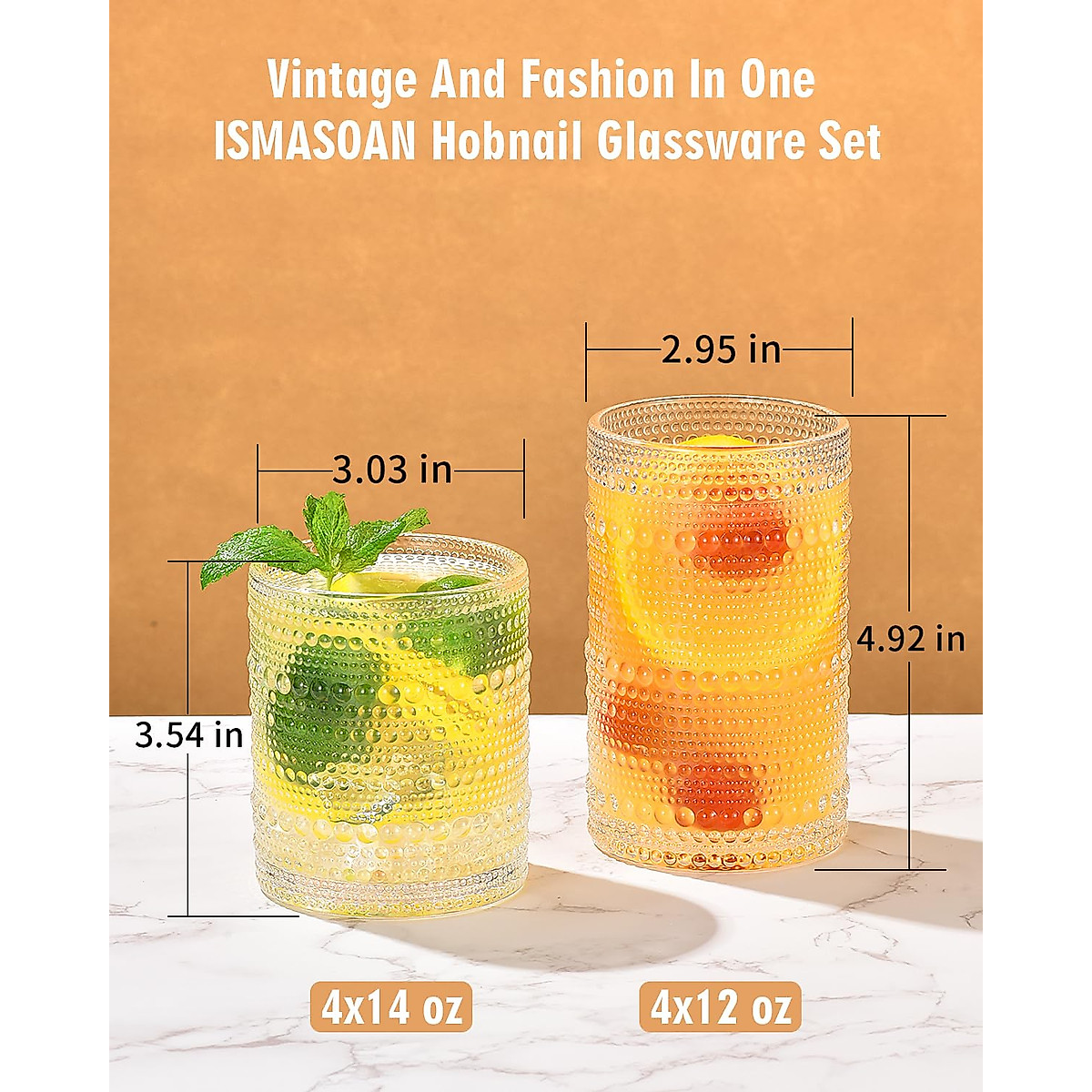 ISMASOAN Vintage Drinking Glasses Set of 8,Hobnail Glassware 14 oz and 12 oz,Bubble Glasses Drinking,Vintage Glassware,Beaded Glassware,Highball Glasses,Gift Box Set