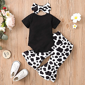 GRNSHTS Newborn Girl Clothes Baby Cow Letter Print Romper+Flared Long Pants+Headband 3PCS Cute Summer Fall Outfits (Black A, 0-3 Months)