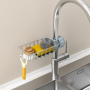 Aexbxoa Kitchen Sink Faucet Organizer, Sponge Holder for Kitchen Sink, Adjustable Detachable Stainless Steel Faucet Rack for Bathroom, Scrubbers, Soap