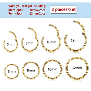 8pcs Gold Nose Rings Hoops for Women 16G Septum Ring Small Clicker Hoop Jewelry Surgical Steel Cute Cartilage Piercings for Tragus Helix Conch Daith 6mm 8mm 10mm 12mm