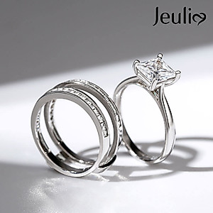 Jeulia 4.37 Carat Engraved Pricess Cut Cubic Zirconia Engagement Ring Diamond Wedding Bands for Women CZ Solitaire Sterling Silver Anniversary Bridal Promise Rings Set (8)