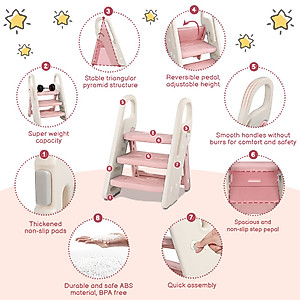Onasti Foldable Toddler Step Stool for Bathroom Sink, Adjustable 3 Step Stool for Kids Toilet Potty Training Stool with Handles, Child Kitchen Counter Stool Helper, Plastic Ladder for Toddlers Pink