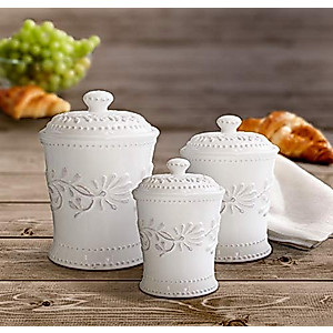 American Atelier Bianca Leaf Canister Set 3-Piece Ceramic Jars in 20oz, 48oz and 80oz Chic Design With Lids for Cookies, Candy, Coffee, Flour, Sugar, Rice, Pasta, Cereal & More