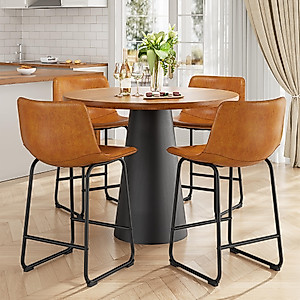 REONEY Bar Stools Set of 4, PU Leather Counter Height Bar Stools, 26" Modern Bar Stools with Metal Legs and Footrest, Urban Armless Dining Chairs with Backrest for Kitchen Island (Brown)