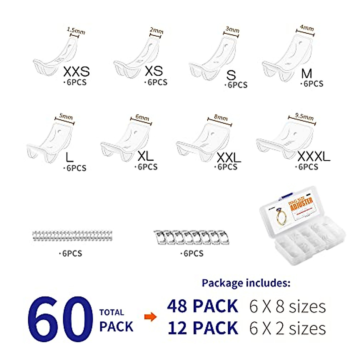 Ring Size Adjuster for Loose Rings - 60Pack, 2 Styles, Ring Guard, Ring Sizer, 10 Sizes Fit for Man and Woman Ring