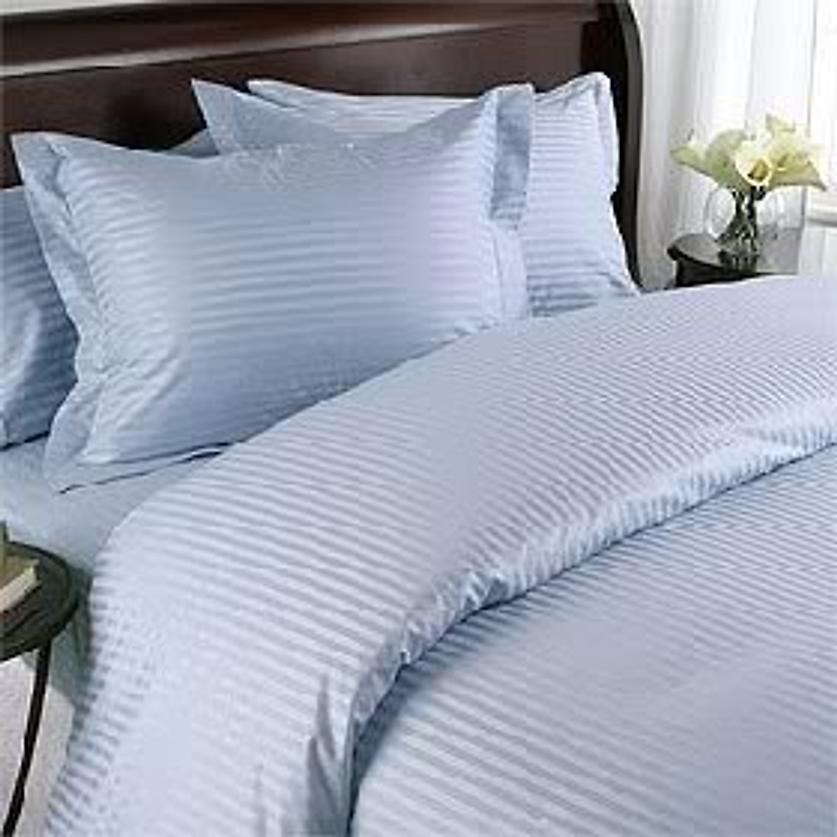Royal Home Collection 100% Egyptian Cotton 3 PCs- Duvet Cover Set Queen Sofa, Sky Blue Stripe 600 Thread Count
