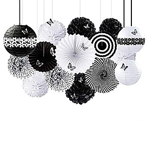 Black and White Party Decoration Kit Hanging Tissue Paper Fans Lanterns Flowers Pom Pom with 3D Butterfly for Wedding Engagement Birthday Baby Shower Anniversary Bachelorette Hen Party Decor Supplies