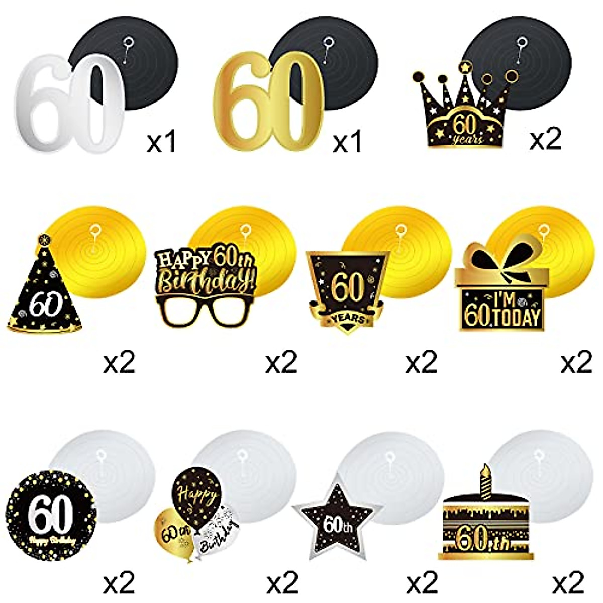 30 Pieces Birthday Party Decorations, Birthday Party Hanging Swirls, Silver Black Golden Cake Glasses Balloons Sign Foil Swirls Ceiling Decorations for Boy and Girl (60th Style)