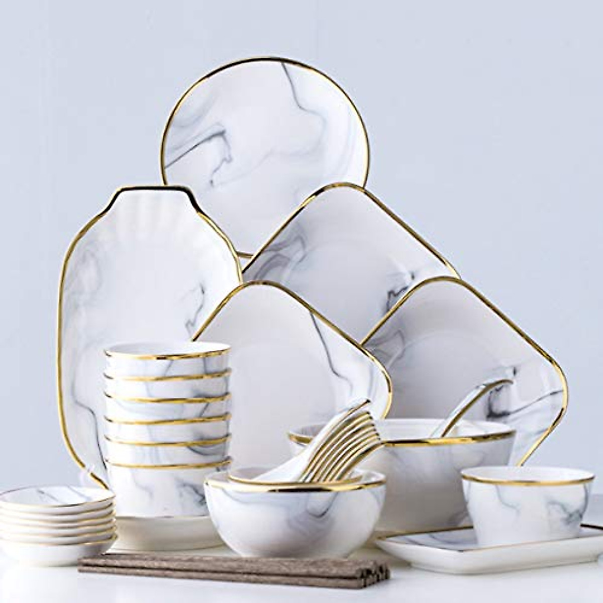 ZLDGYG Christmas Bowl Dish Set Nordic Wind Ceramics Phnom Penh Marble Tableware Set Bowl Soup Dishes And Dishes for Household Use (Color : 42 sets)