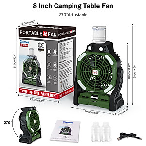 Clemas Camping Fan with Mister Rechargeable | Long Lasting Portable Battery Powered Water Misting Fan Table Fan 14000mAh | 26000mAh | RGB Lights, Timer, Power Supply - For Outdoor & Emergencies