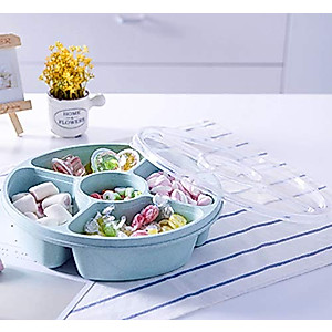 Yesland 4 Pack 11.25 Inch Serving Trays with Lid - 4 Compartment Round Wheat Straw Candy and Nut Serving Container, Food Storage - Divided Camping Snack Plate & Dish Platter