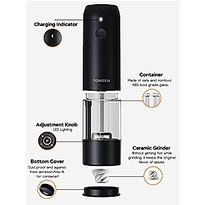 [Upgraded Larger Capacity] Electric Salt and Pepper Grinder Set - USB Rechargeable One Hand Operation Automatic Pepper Grinder and Salt Grinder with Adjustable Coarseness & LED Light Refillable