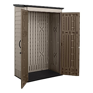 Rubbermaid Vertical Resin Outdoor Storage Shed, With Floor (4 x 2.5 Ft), Weather Resistant, Brown, Organization for Home/Backyard/Garden Tools/Porch/Patio Cushions/Pool Chemicals/Toys
