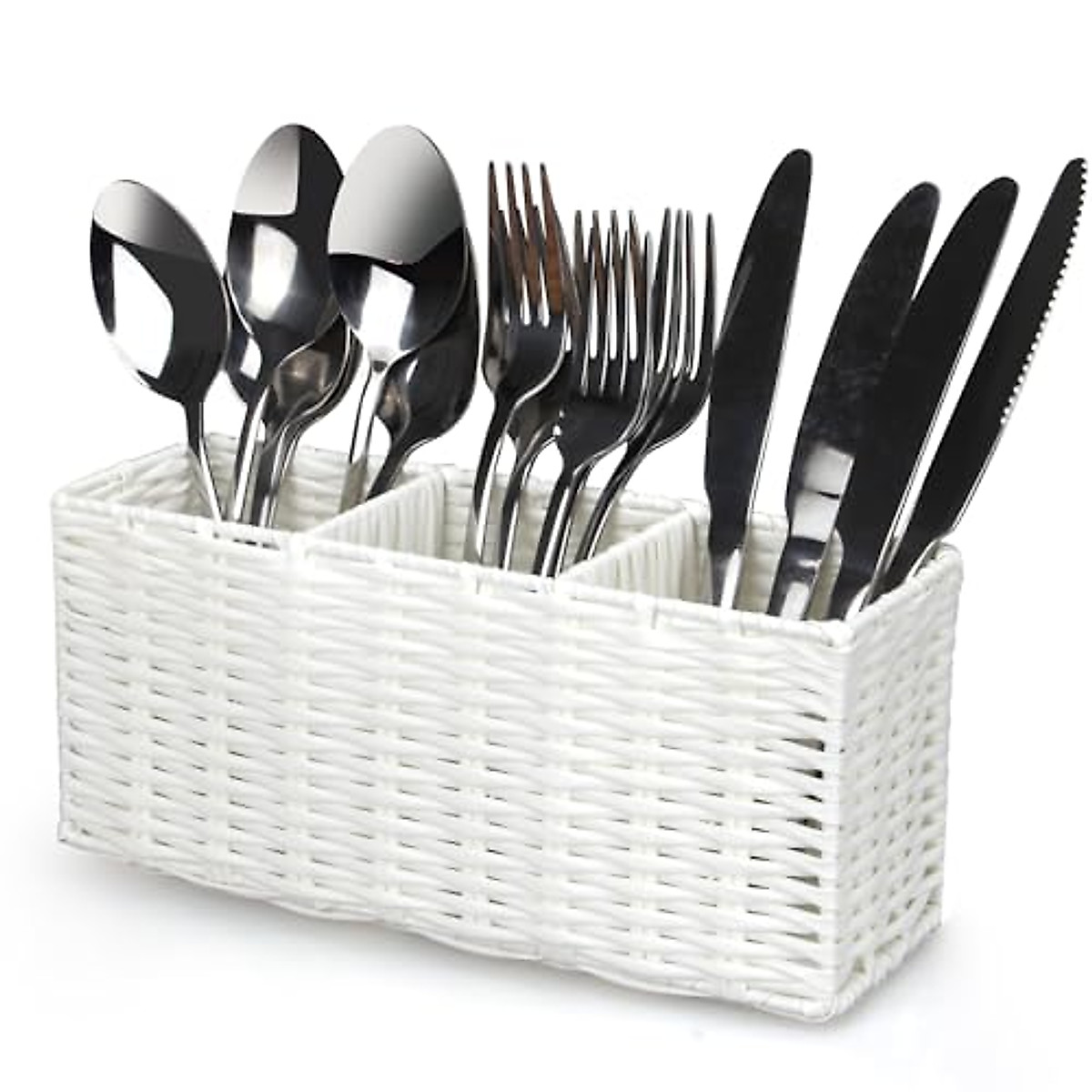Ayiaren Wicker Silverware Cutlery Holder Flatware Caddy Kitchen Utensils Holder for Countertop Silverware Organizer Storage Containers Spoon Knives Fork Holder White Flatware Silverware Caddies