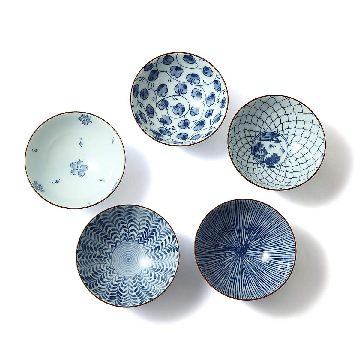 Mino Ware Japanese Pottery Set - Traditional Japanese Rice Bowls - Blue and White Asian Bowls - Hand Painted Bowls - Premium Japanese Ceramic - 5 pieces Japanese Soup Bowl Set