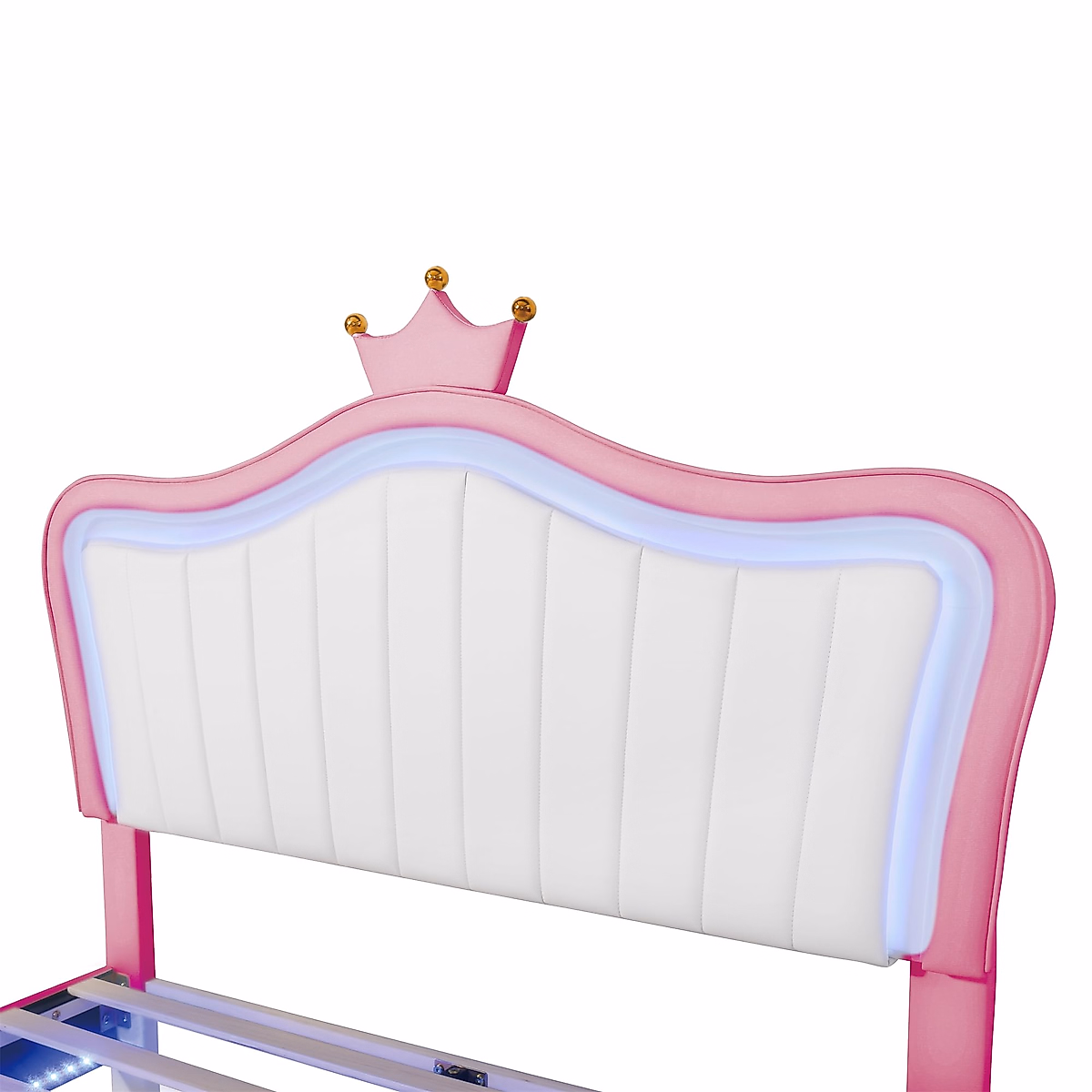 Full Size Modern Upholstered Princess Bed with Crown Headboard and LED Lights, PU Leather Wood Platform Bed Frame with Slat Support and Metal Feets, No Box Spring Needed (Full, White+Pink-01)