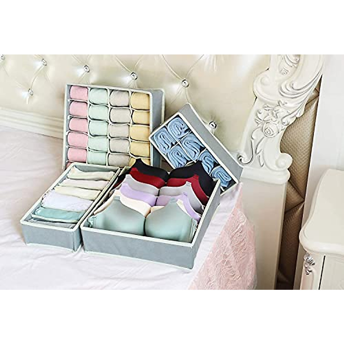 Felibeaco 4 Pack Foldable Underwear and Bras Drawer Organizers, Fabric Closet Dresser Drawers Organizers Dividers, Clothing Storage Organizers Box for Lingerie, Panties, Socks, Briefs,Ties, Gray