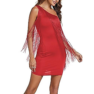LYANER Women's Sexy One Shoulder Fringe 20s Sleeveless Bodycon Mini Short Dress Red Small