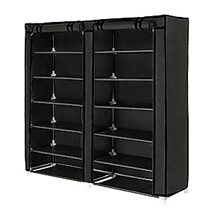 Blissun 7 Tier Shoe Rack Storage Organizer, 36 Pairs Portable Double Row Shoe Rack Shelf Cabinet Tower for Closet with Nonwoven Fabric Cover, Black