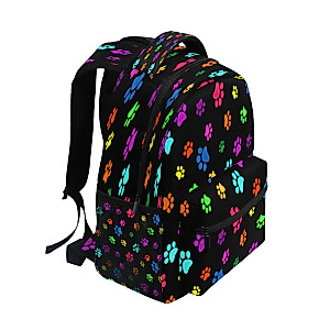 ALAZA Colorful Paw Print Black Backpack Daypack School Bag Travel Shoulder Bag for Students Boys Girls