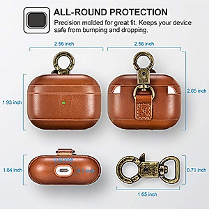 AirPods Pro Leather Case with Strap, ICARER Genuine Leather Portable Protective Shockproof Cover for Apple AirPods Pro case Keychain Support Wireless Charging (Brown)