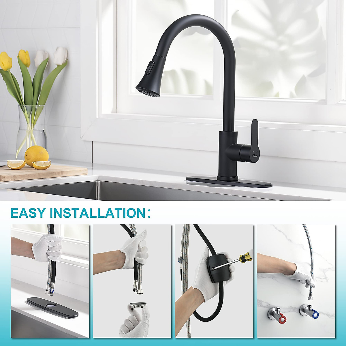 Vimco Kitchen Faucet with Pull Down Sprayer, Single Handle High Arc Faucet 1&3 Hole with Deck Plate, Kitchen Sink Faucet with Sprayer 1.8 GPM, Matte Black