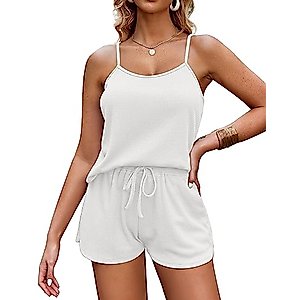 Ekouaer Soft Pajamas for Women Comfort Waffle Knit Cami Pj Set,White,Small