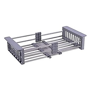 GULICA Dish Drying Rack, Adjustable Stainless Steel Drainer Basket Drain Tray for Dish Vegetable Fruit, On Counter Dish Rack or in Sink Over Sink Kitchen Basket Dish Drying Rack Grey