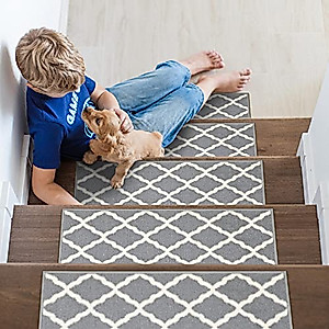Machine Washable Moroccan Trellis Design Non-Slip Rubberback 8.5" x 26" Traditional Indoor Stair Treads for Wooden Stairs, 14 Pack, Gray