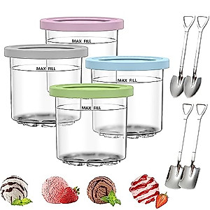 BBAUER Ice Cream Pints Containers 4 Pack for Ninja Creami Pints and Lids,16oz Cup Compatible with NC301 NC300 NC299AMZ Series Ice Cream Maker,Reusable,4 PC Ice Cream Spoons,Pink/Green/Grey/Blue