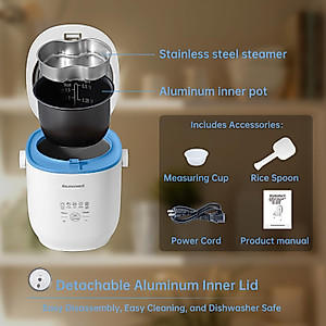 Blue Mini Rice Cooker Small 1 Cup-2 Cup Non-Stick Coated Insert Food Steamer Kitchen Appliances Includes Vegetable Steamer