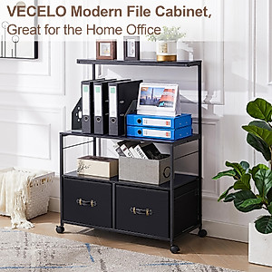 VECELO Fabric Lateral Filing Cabinet with 3 Open Storge Shelves Movable Printer Stand with 2 Large, Home Office, Suitable for A4 Or Letter Size,Black, 2 Drawer