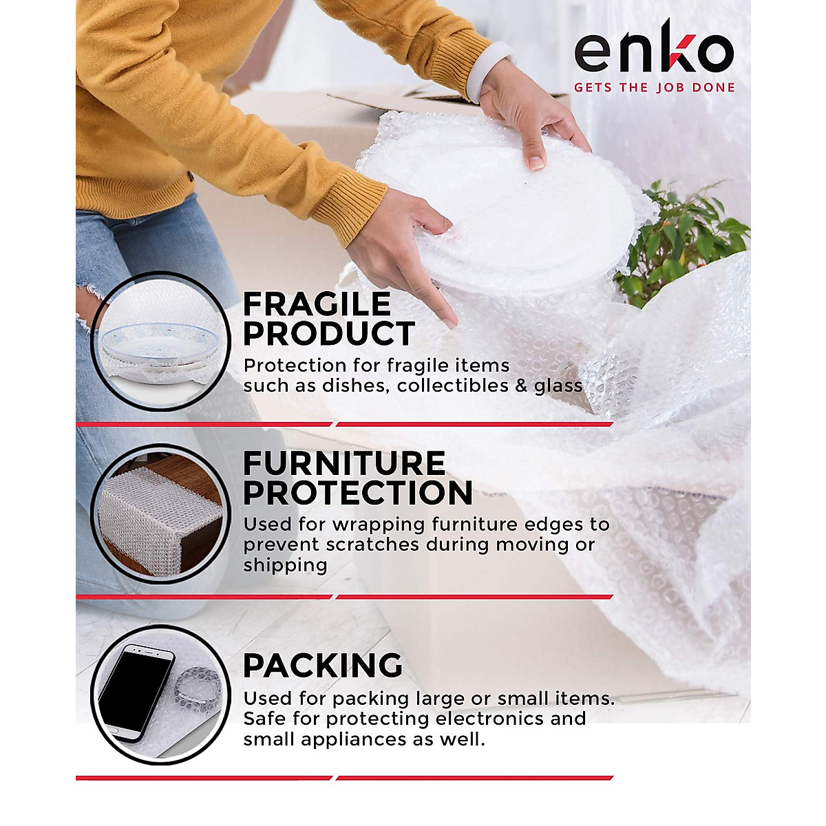 enKo (2 Pack) 12 inch x 72 feet Bubble Cushioning Wrap Roll Perforated 20 Fragile Sticker Labels for Moving Shipping Packing Boxes Supplies