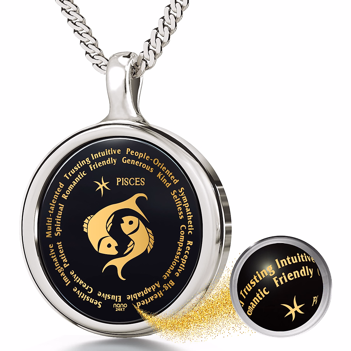 925 Sterling Silver Pisces Necklace Zodiac Pendant Star Sign Birthdays 19th February to 20th March Jewelry Inscribed in 24k Gold on Black Onyx Gemstone, 18" Rolo Chain