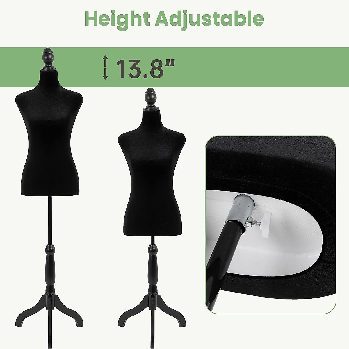 Mannequin Body Dress Form Torso Female Manikin 49.6-63.4 Inch Height Adjustable Wooden Tripod Stand High Density Foam Portable Display Mannequin (Black, 49.6-63.4 Inches)