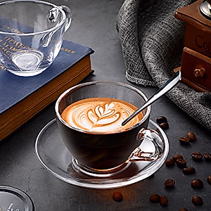 6.4 oz Espresso Cups Demitasse Clear Glass Espresso Drinkware Demitasse Cups Espresso Cups with Saucers Set Tea Cup and Saucer Set of 6 with Stainless Steel Mini Spoon for Hostess Coffee Lover