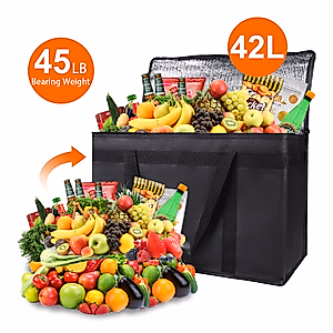 Bodaon 2-Pack Insulated Food Delivery Bag, XX-Large Reusable Grocery Shopping Bag, Frozen Food Cold, Cooler Bags with Zippered Top, Black