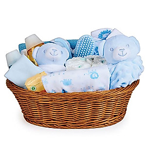 Basket for Boy - 18 Baby Boy Essentials, Blue Baby Gift Sets for Newborn, New Baby Boy Gift Basket, Maternity Welcome Baby Boy Gift