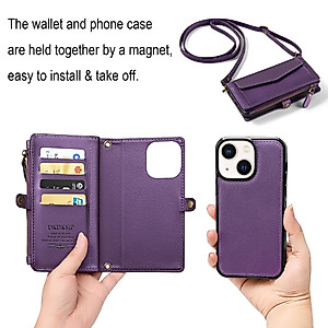 DKDKSIP for iPhone 15 Plus Wallet Case for Women, Support Wireless Charging with RFID Blocking Card Holder, PU Leather Zipper Wallet Detachable Magnetic Phone Case with Crossbody Strap, Purple