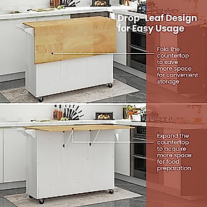 Giantex Mobile Kitchen Island with Drop Leaf, Rolling Island Table with Rubber Wood Top, Storage Cabinets, Deep Drawer, Wine Bottle Rack, Spice Rack, Serving Cart for Dining Room Bar (White)