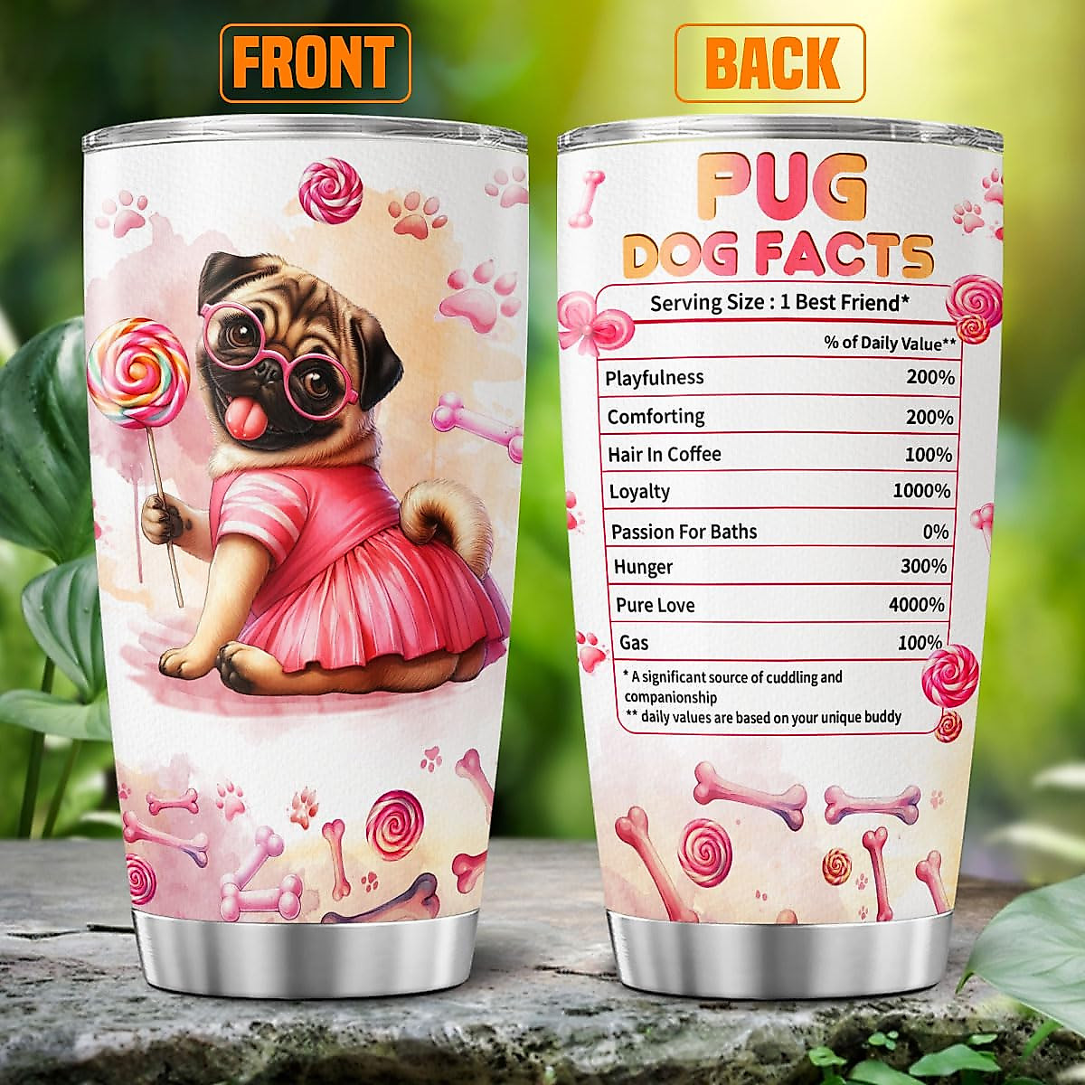 JENOIS Pug Dog Facts, Dog Mom Gifts, Women Mother Mama Handle Tumblers Best Mothers Insulated For Cups Coffee Funny Day, Tumbler 20 Oz With Lid And Straw