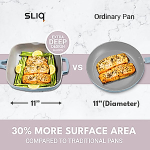 Sliq Nonstick Ceramic Saute Pan with Steamer, Non Toxic Deep Frying Pan, 11 Inch Dishwasher Safe, Replaces All Pans in One, PFOA and PTFE Free, 4 qt, Blue Mist