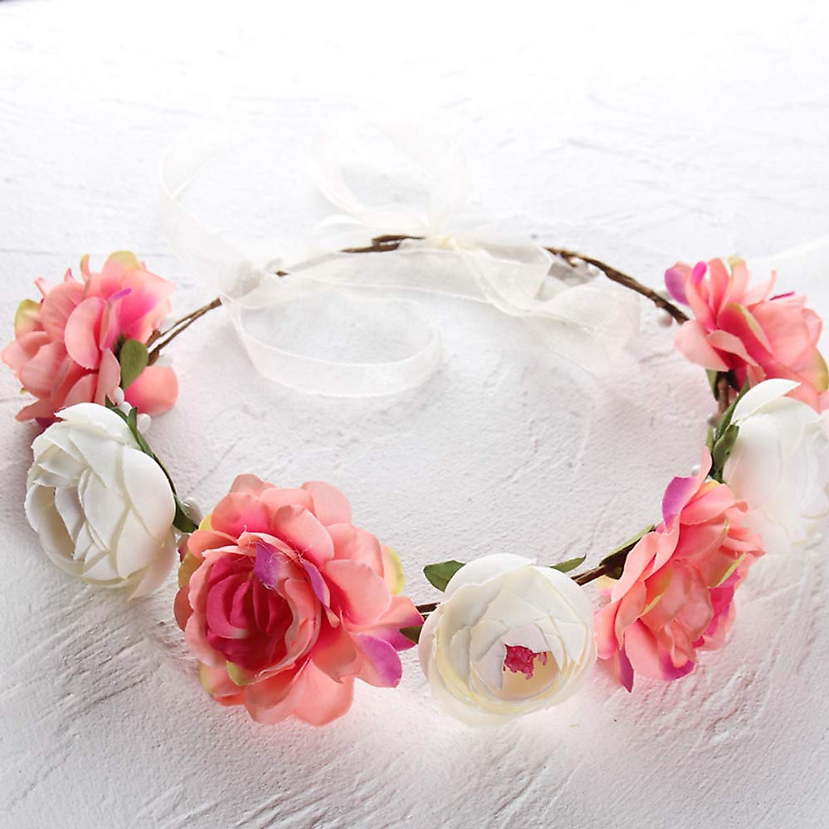 Flower Crown Headband Rose Wreath Garland Hair Bands Floral Wedding Bridal Hair Hoop Women Ladies Leaf Ribbon Party Decoration Headdress Headwear Christmas Handmade Headpiece Hair Accessories Hot Pink