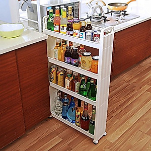 BAOYOUNI Rolling Slim Cart Between Washer Dryer Cabinet Storage Shelf Rack Narrow Slide Out Tower Organizer Space Saving Shelving Units with Wheels (4-Tier)