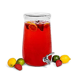 BirdRock Home 1.5 Gallon Hammered Glass Beverage Dispenser with Lid - Stainless Steel Spigot - Decorative Round Jar for Drinks - Lemonade Sangria Tea Water Drink Jar Jug - Home Parties