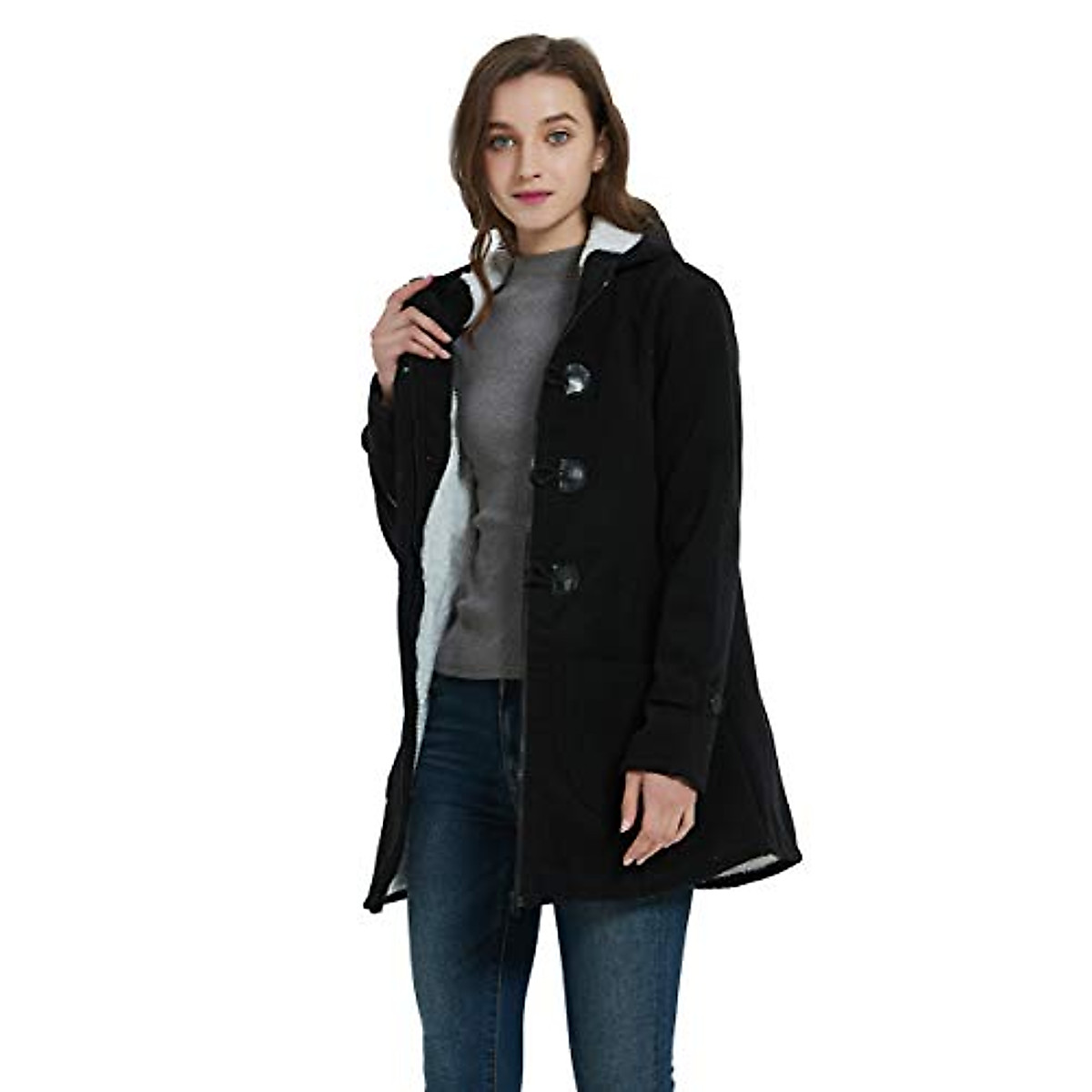 VOGRYE Womens Winter Fashion Outdoor Warm Wool Blended Classic Pea Coat Jacket (FBA) (M, Black2-Thicker)