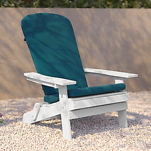BizChair Set of 2 Folding Adirondack Chairs with Cushions - White Poly Resin Frame - Teal All-Weather Cushions - Indoor/Outdoor Use
