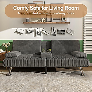 YESHOMY Futon Sofa Bed Corduroy Folding Couch with Removable Armrests, Metal Legs, 2 Cup Holders for Living Room, Grey